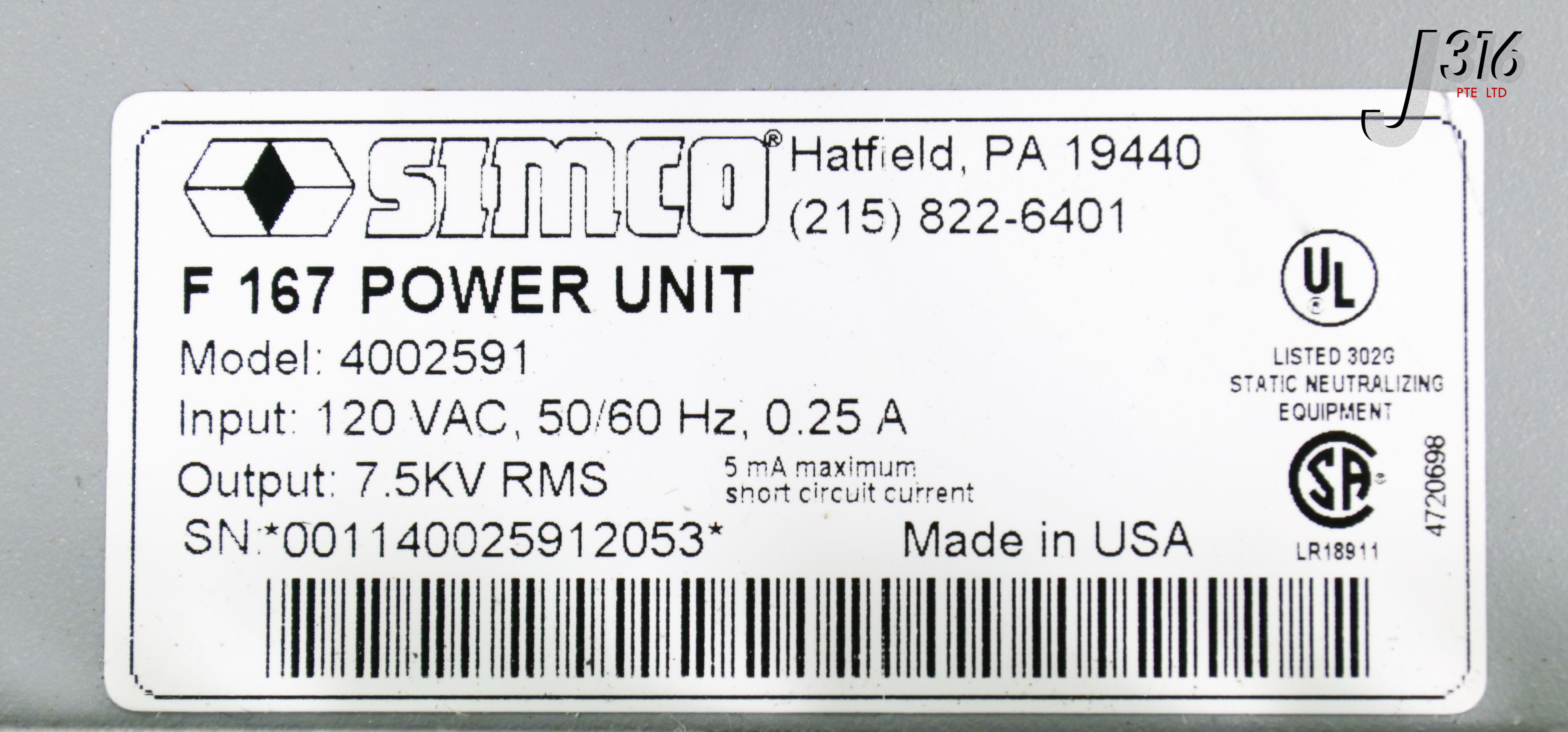 18748 SIMCO F 167 POWER SUPPLY, INPUT 120VAC, 0.25A, OUTPUT 7.5KV RMS ...