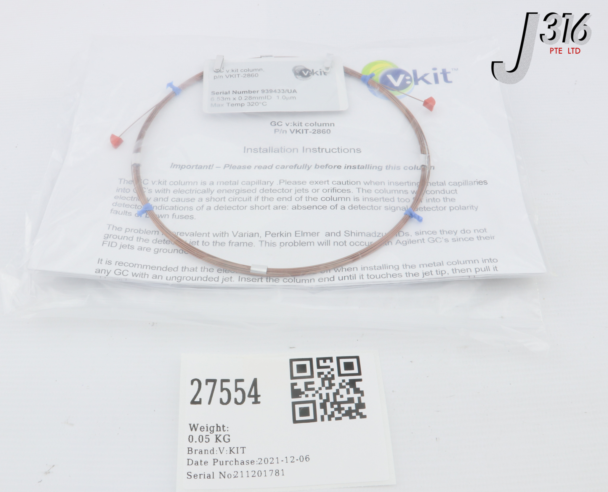 27554 V:KIT GC COLUMN, 6.53MX0.28MM ID 1.0µM (NEW) VKIT-2860 – J316Gallery