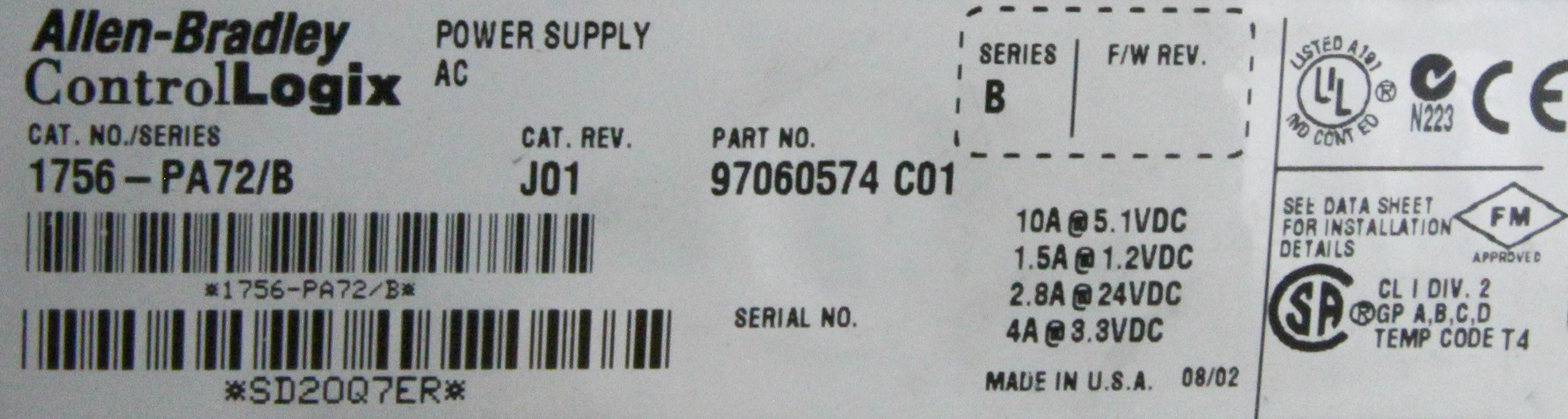 3157 ALLEN-BRADLEY CONTROLLOGIX CHASSIS 17 SLOT (1756-PA72/B) 1756-A17 ...