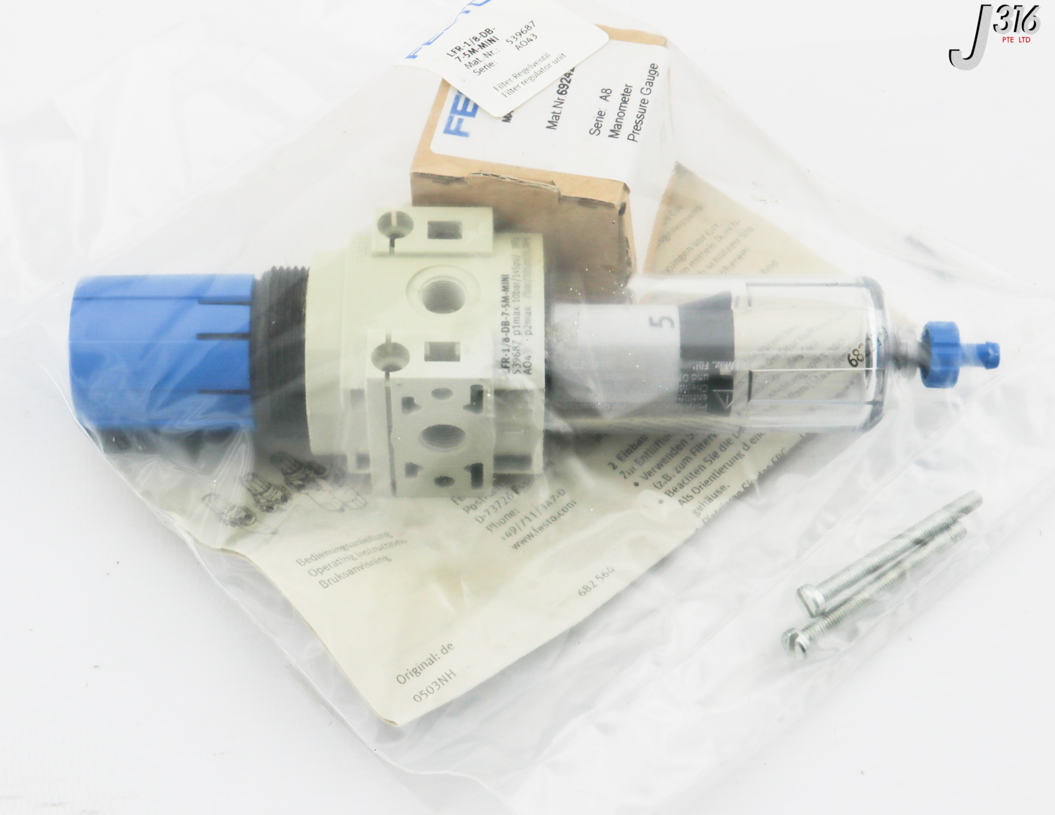 31707 FESTO FILTER REGULATOR, 539687 W/ PRESSURE GAUGE MA-40-10-1/8-DB ...