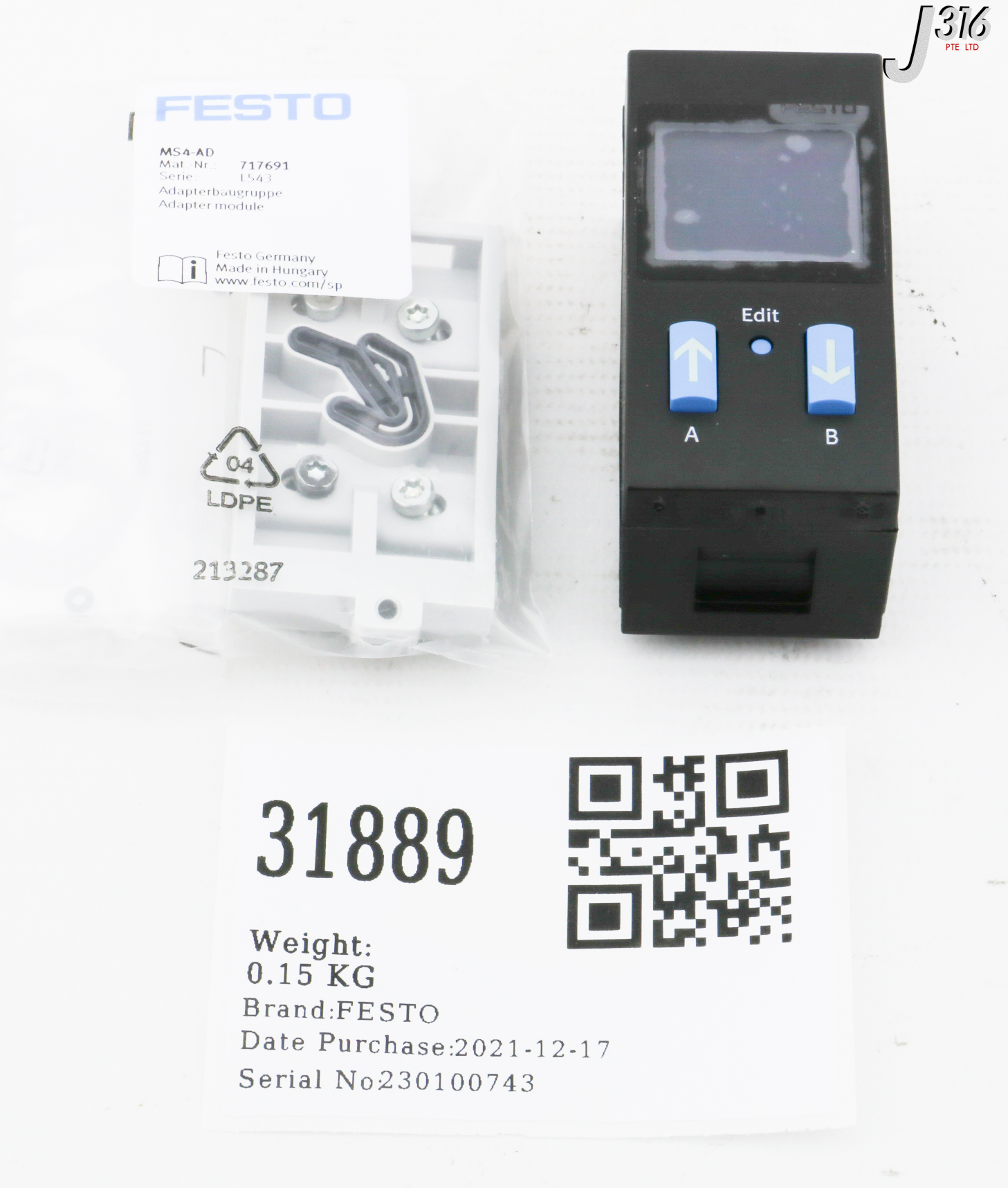 31889 FESTO PRESSURE SENSOR, 575409 W/ MS4-AD, 717691(NEW) SDE1-D10-G2 ...
