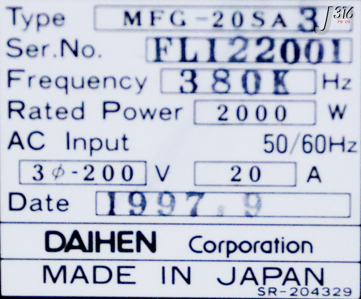 36066 DAIHEN RF GENERATOR, 380KHZ 2000W, MFG-20SA3A (PARTS) MFG-20SA3 ...