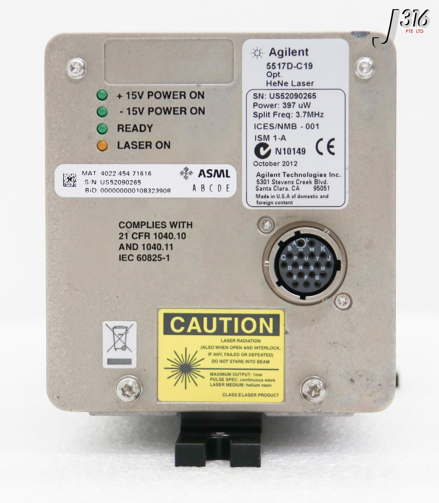37219 AGILENT LASER HEAD, HeNe, POWER 397uW, 3.7MHz, ASML 4022.454. ...