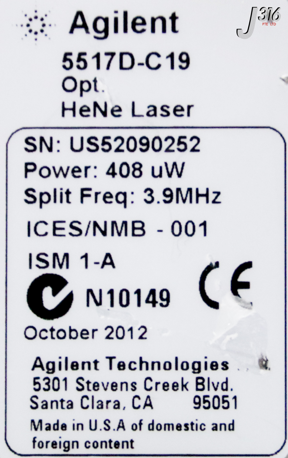37600 AGILENT LASER HEAD, HeNe, POWER: 408uW, 3.9MHz, ASML 4022.454. ...