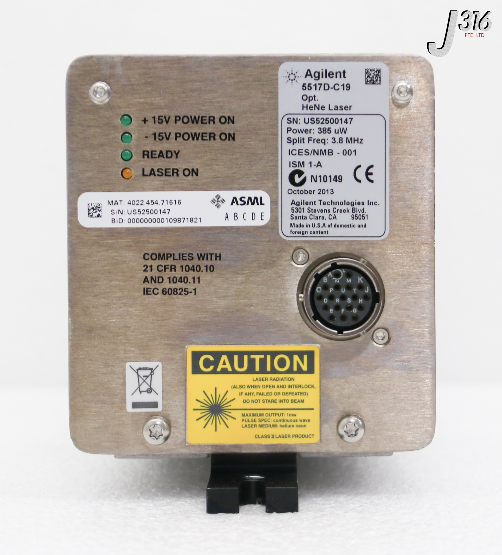 37601 AGILENT LASER HEAD, HeNe, POWER: 385uW, 3.8MHz, ASML 4022.454. ...