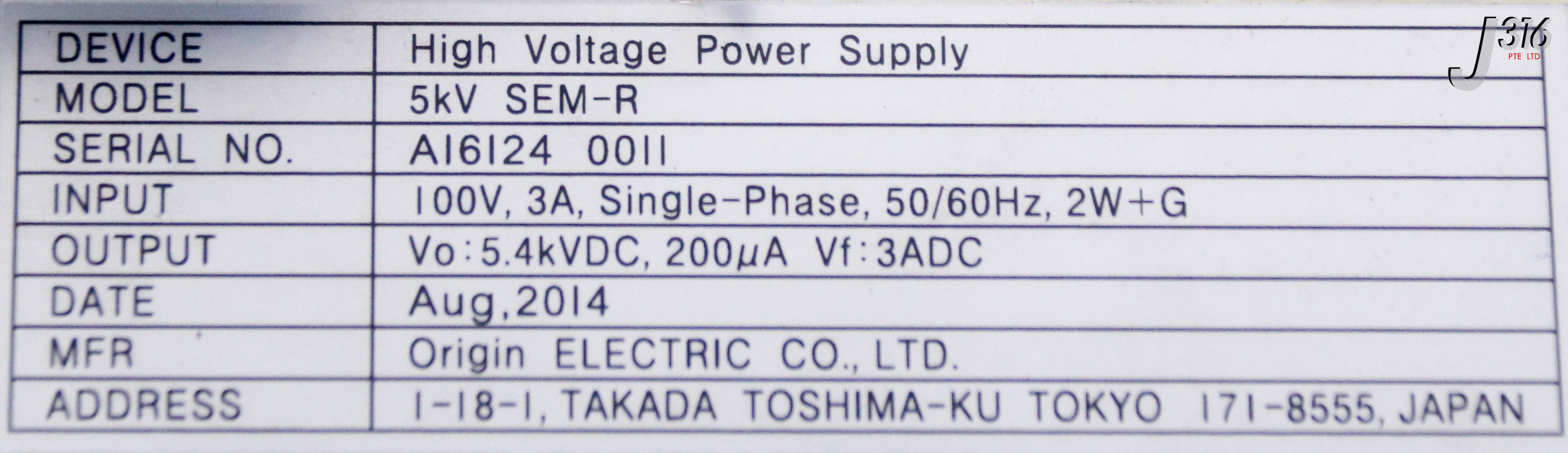 38042 ORIGIN ELECTRIC HITACHI, HIGH VOLTAGE POWER SUPPLY 5KV SEM-R ...