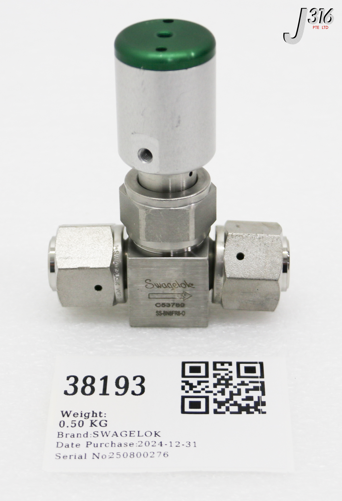 38193 SWAGELOK HIGH PURITY BELLOWS SEALED VALVE, ½” FVCR SS-BN8FR8-O ...