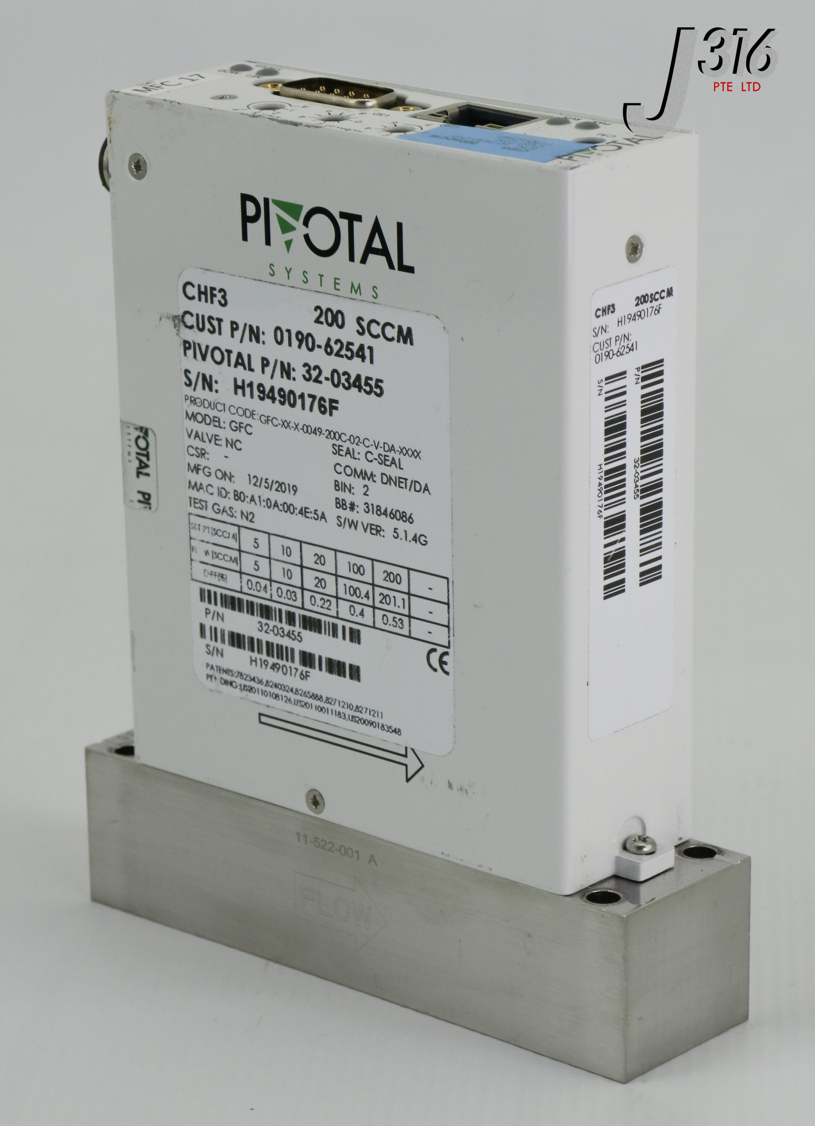 6557 PIVOTAL SYSTEMS GAS FLOW CONTROLLER, AMAT PN: 0190-62541 32-03455 ...