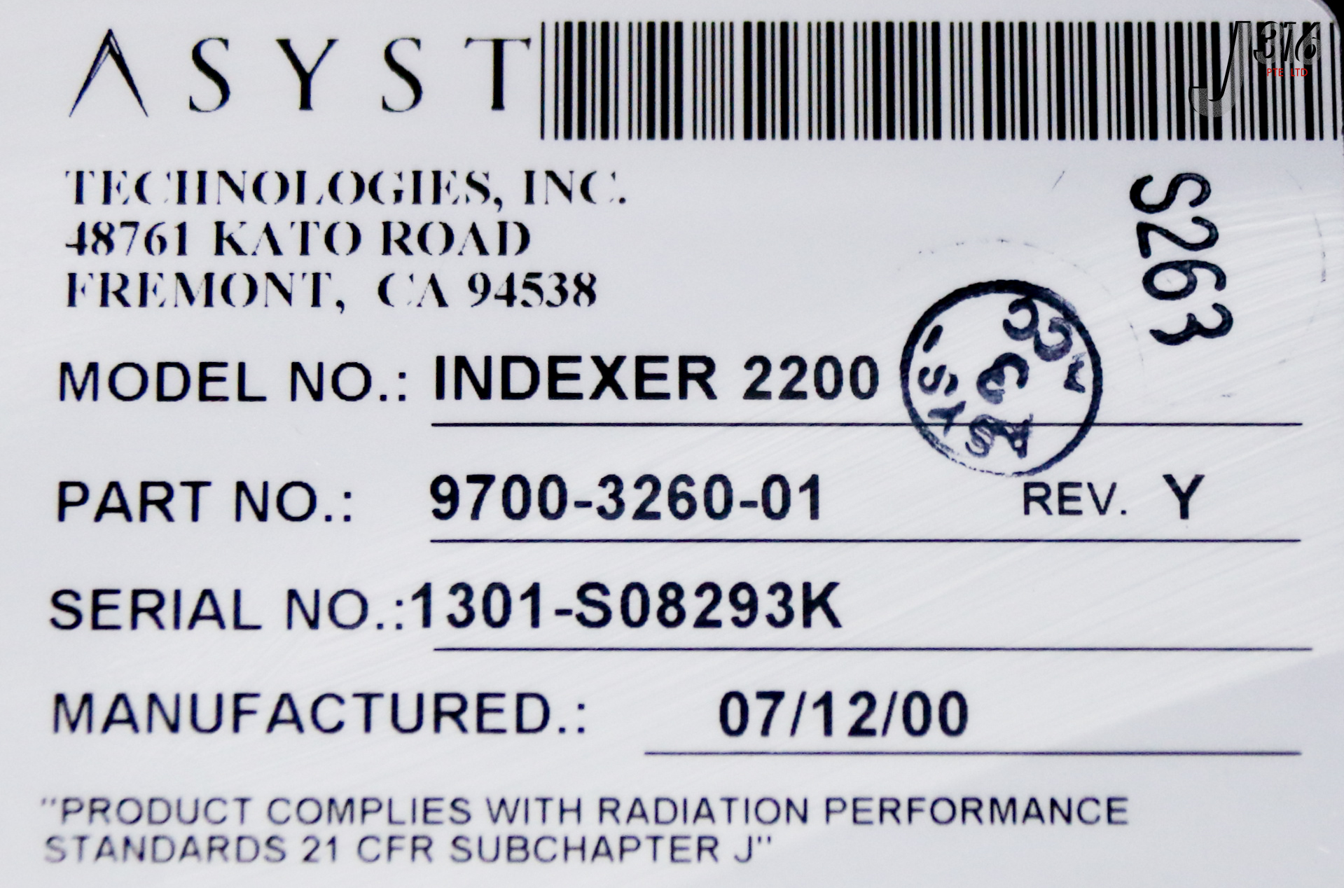 C3876 ASYST WAFER HANDLER, P/N: 9700-3260-01 (PARTS) INDEXER 2200 ...