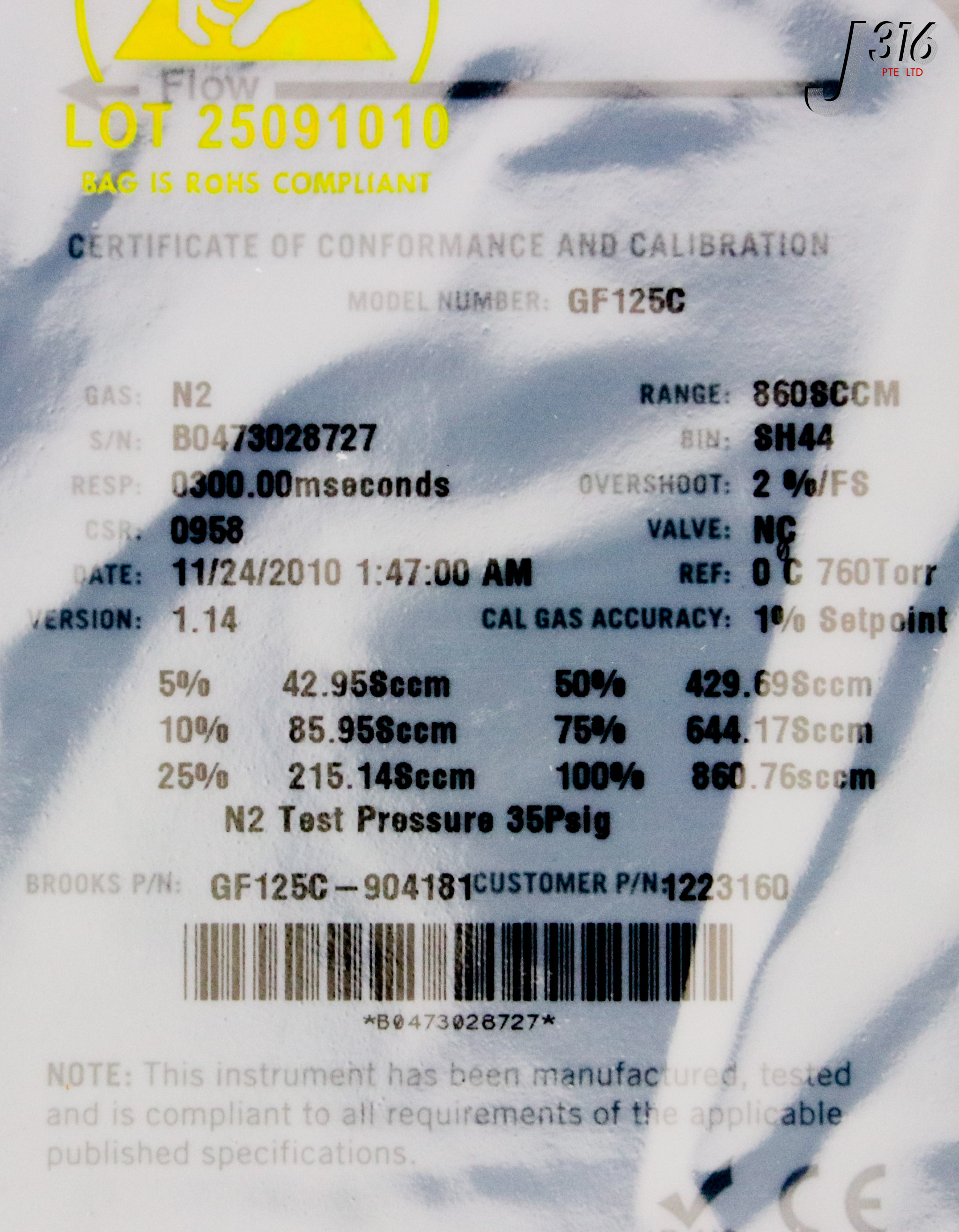 M90 BROOKS MFC, GF SERIES, GAS: N2. RANGE: 860 SCCM, BIN: SH44 (NEW ...
